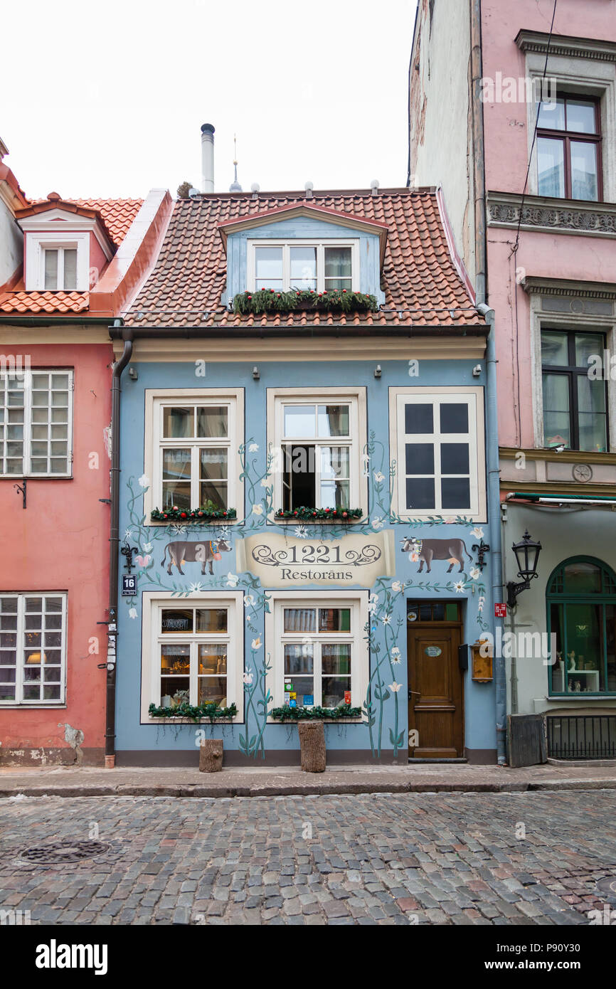 A traditional restaurant facade in Riga old town. Riga is the capital ...