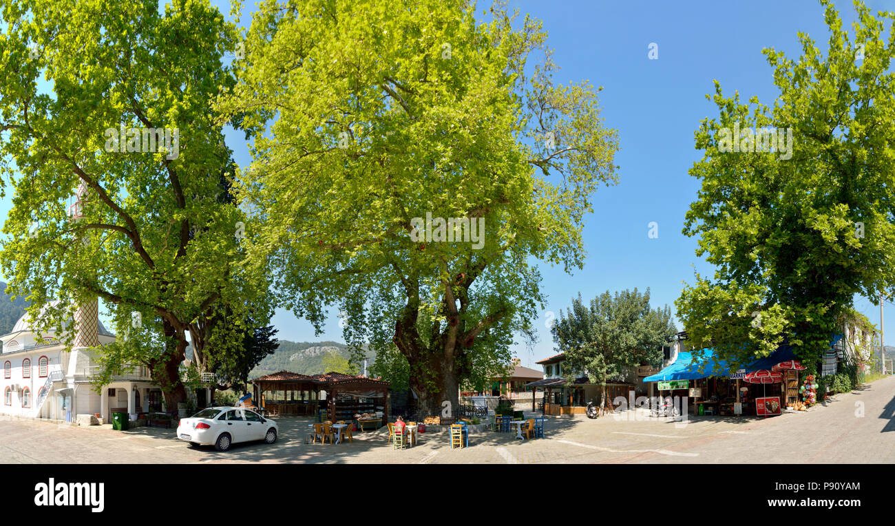 Bayir village, Marmaris, Mugla, Turkey - April 15, 2017. Main square in ...