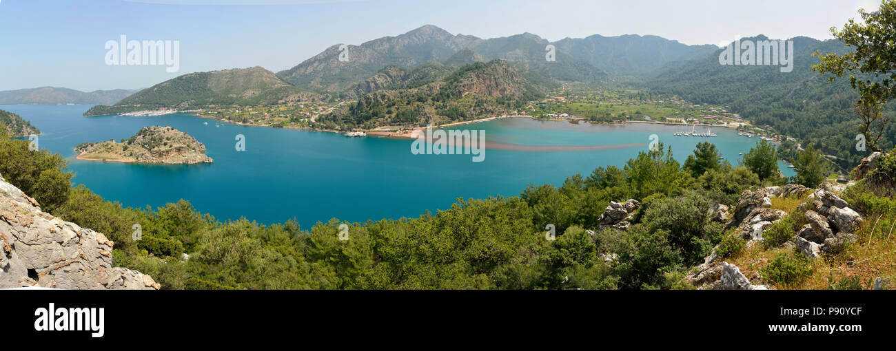 Panoramic view over Orhaniye bay, with Orhaniye village and Kizkumu ...