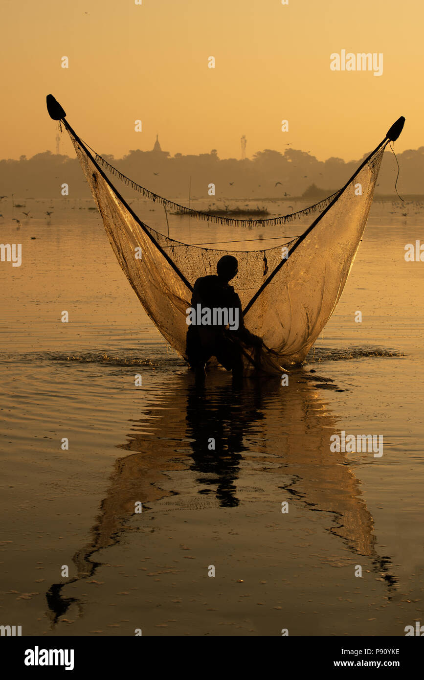Silhouette of Myanmar fisherman in action catching freshwater fish in ...