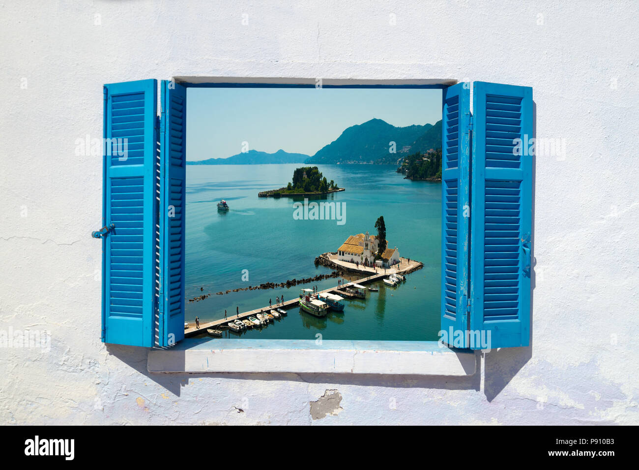 Sea view through traditional greek window Stock Photo - Alamy