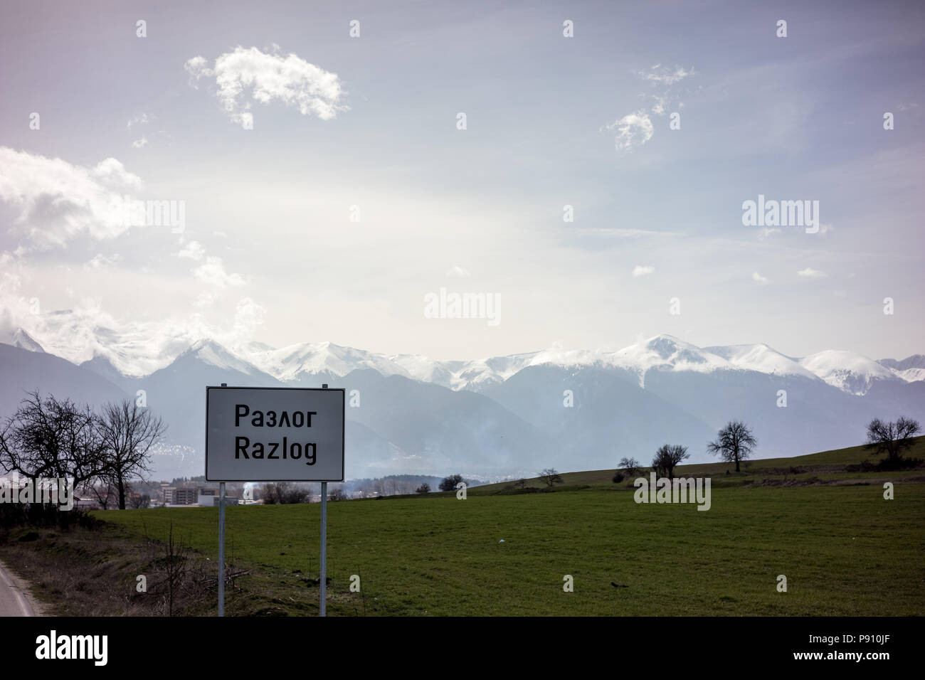 Moody springtime landscape at the entrance of Razlog, Bulgaria with the ...