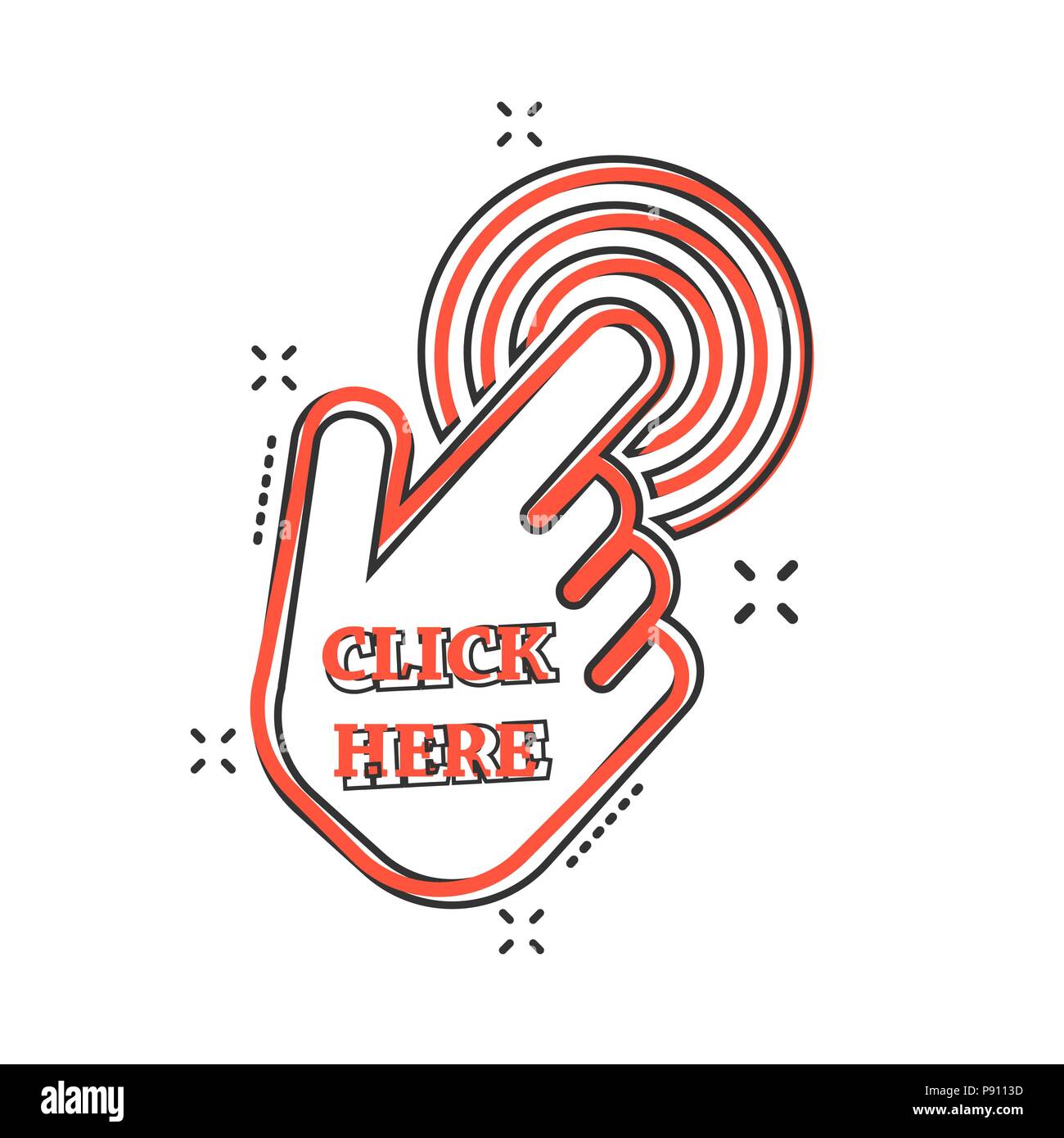 Vector cartoon click here icon in comic style. Hand cursor sign ...