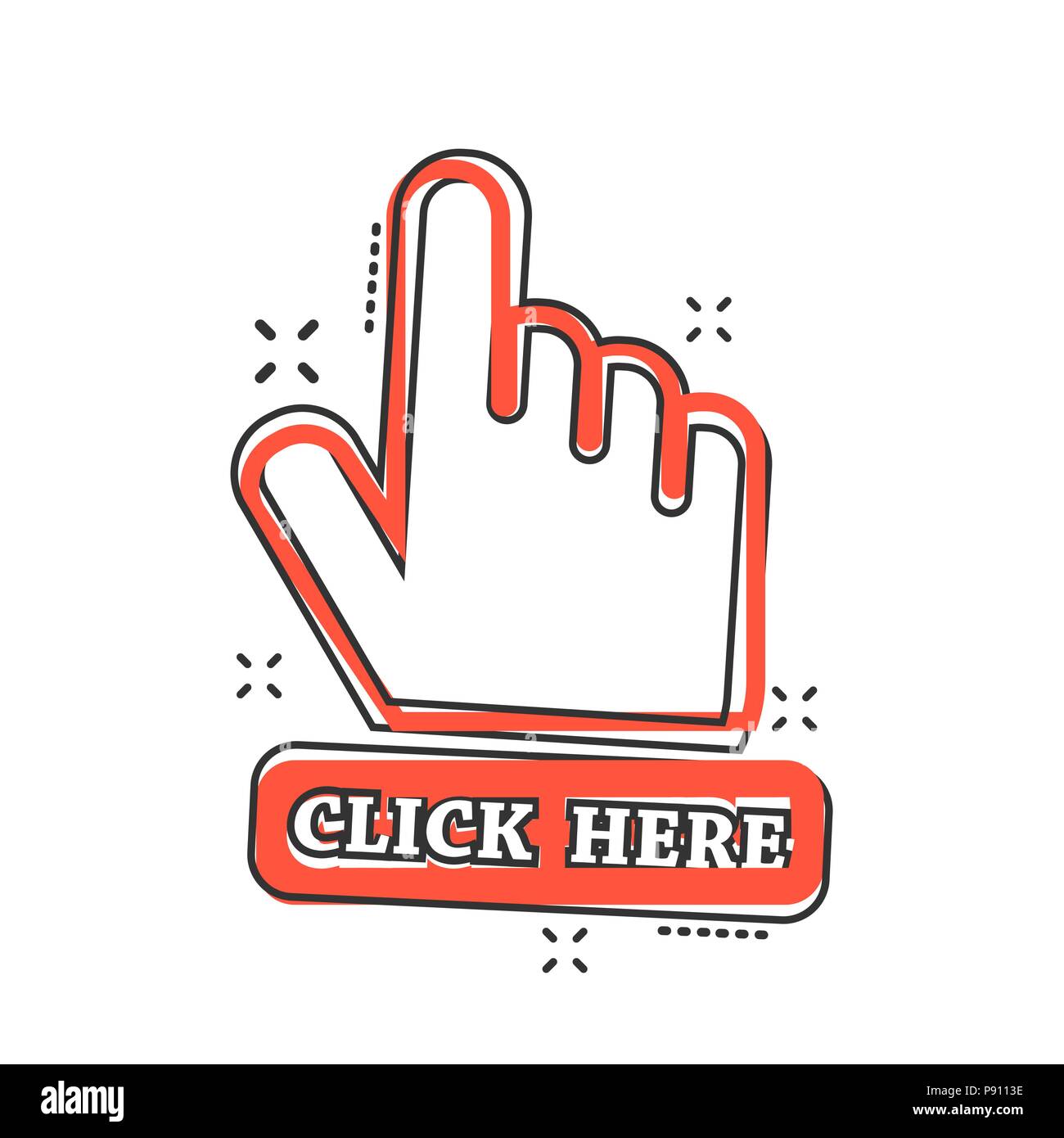 Vector cartoon click here icon in comic style. Hand cursor sign ...