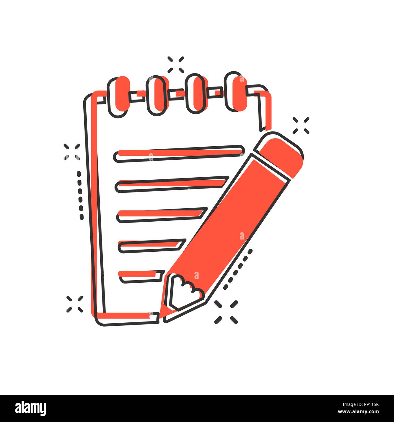 Vector cartoon document with pencil icon in comic style. Note with pen ...