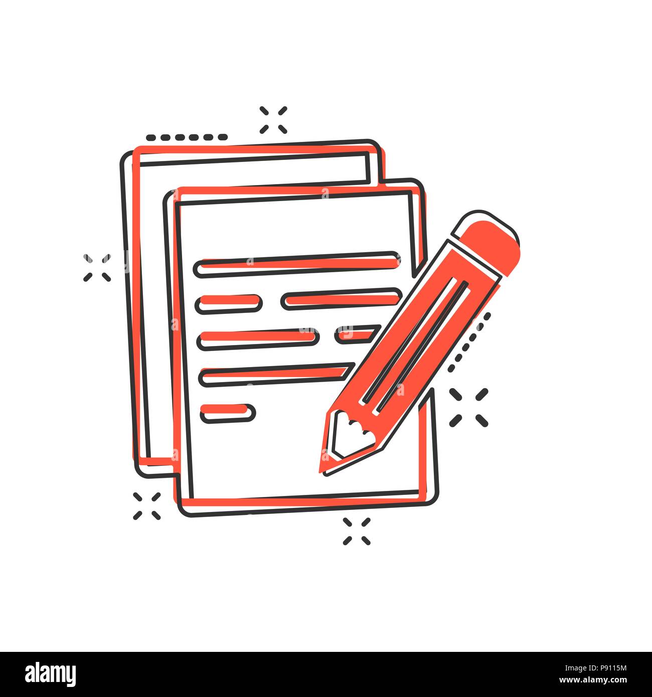 Vector cartoon document with pencil icon in comic style. Note with pen ...