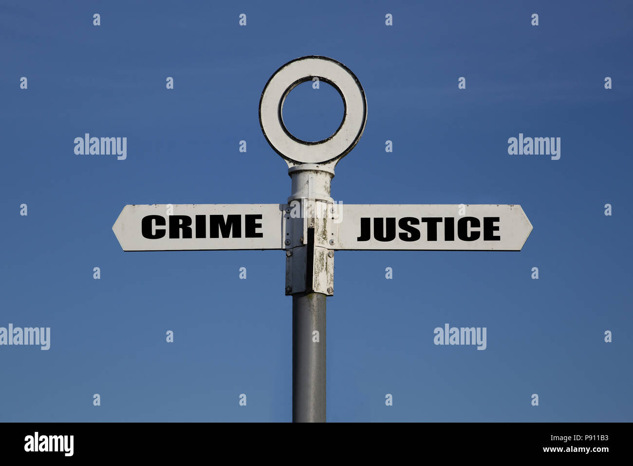 Old road sign with crime and justice pointing in opposite directions ...