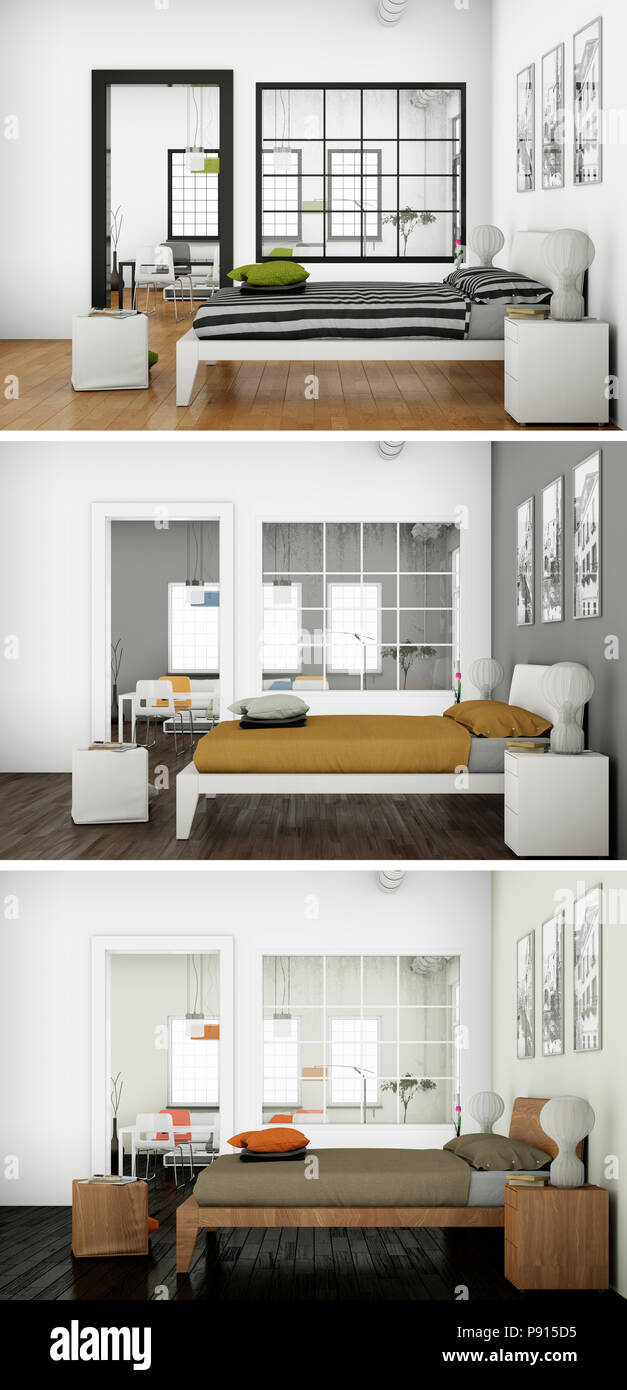 Three color variations of a modern kitchen with a beautiful design ...