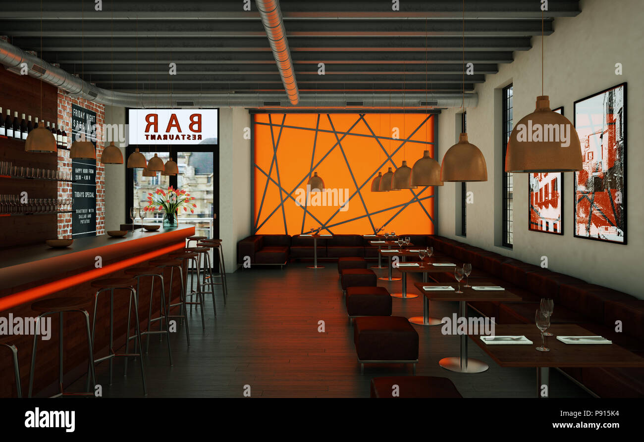 orange coffee restaurant indoor with wooden furniture Stock Photo - Alamy