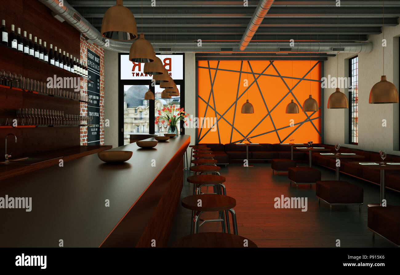 orange coffee restaurant indoor with wooden furniture Stock Photo - Alamy
