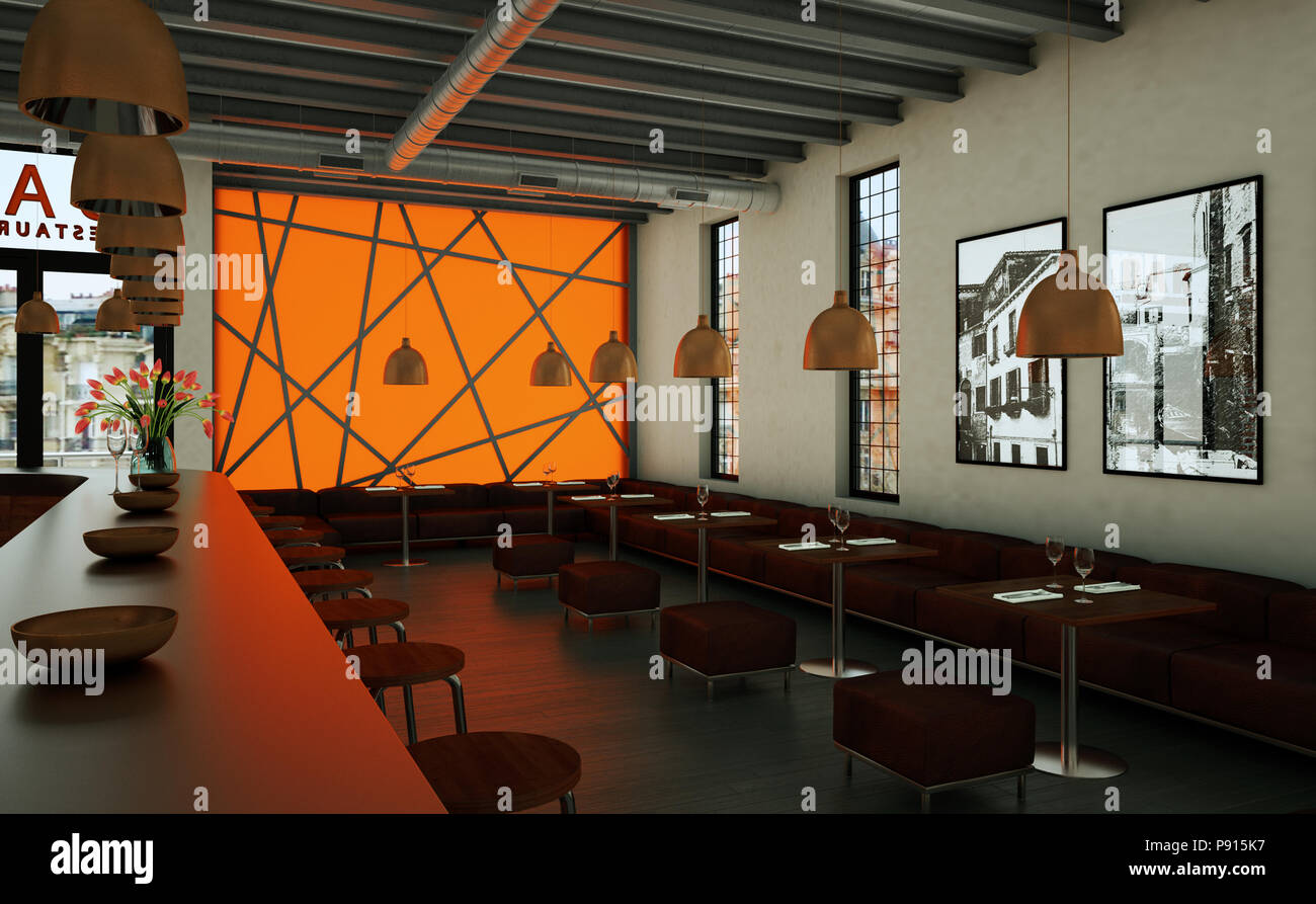 orange coffee restaurant indoor with wooden furniture Stock Photo - Alamy