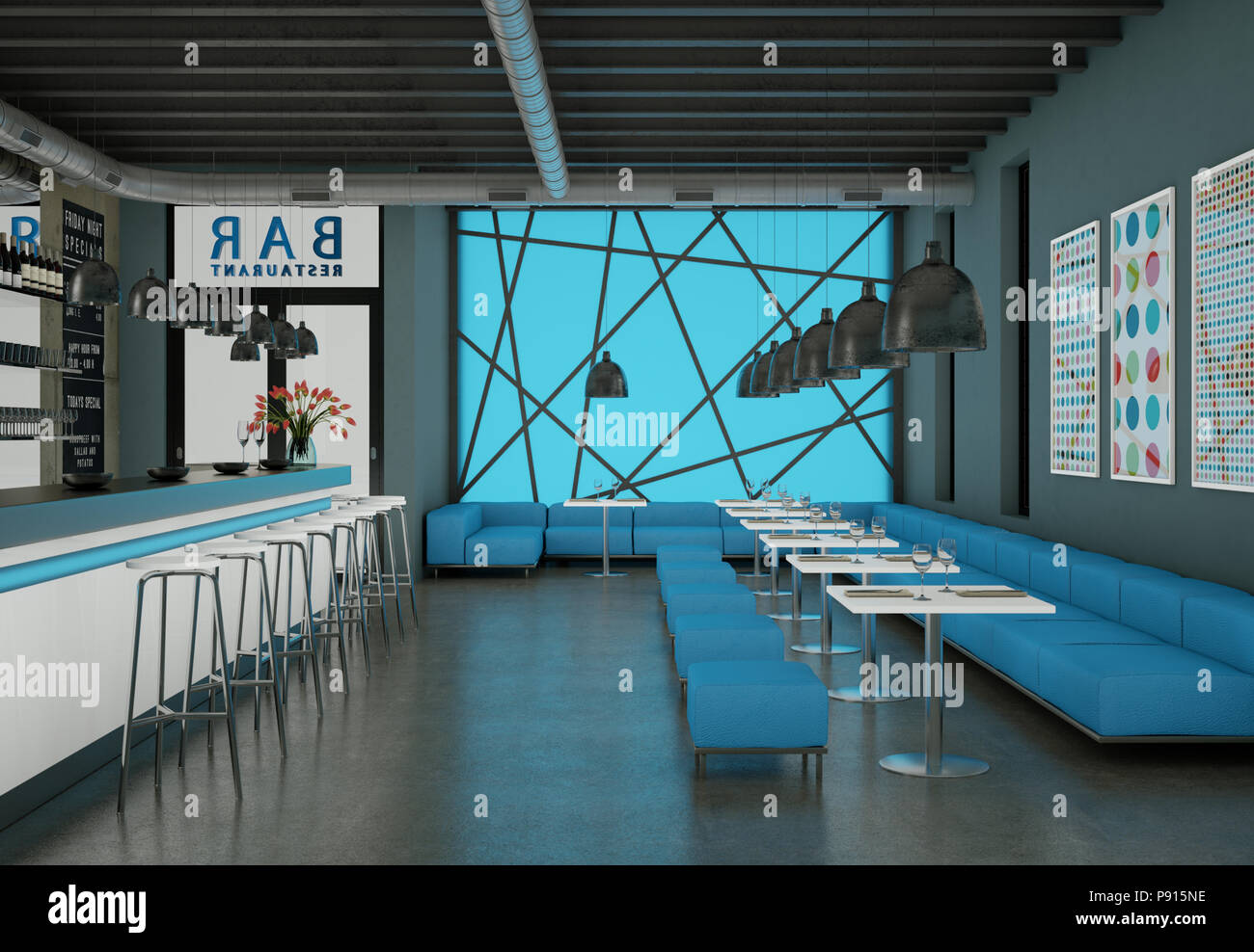 modern blue coffee restaurant indoor with furniture Stock Photo - Alamy