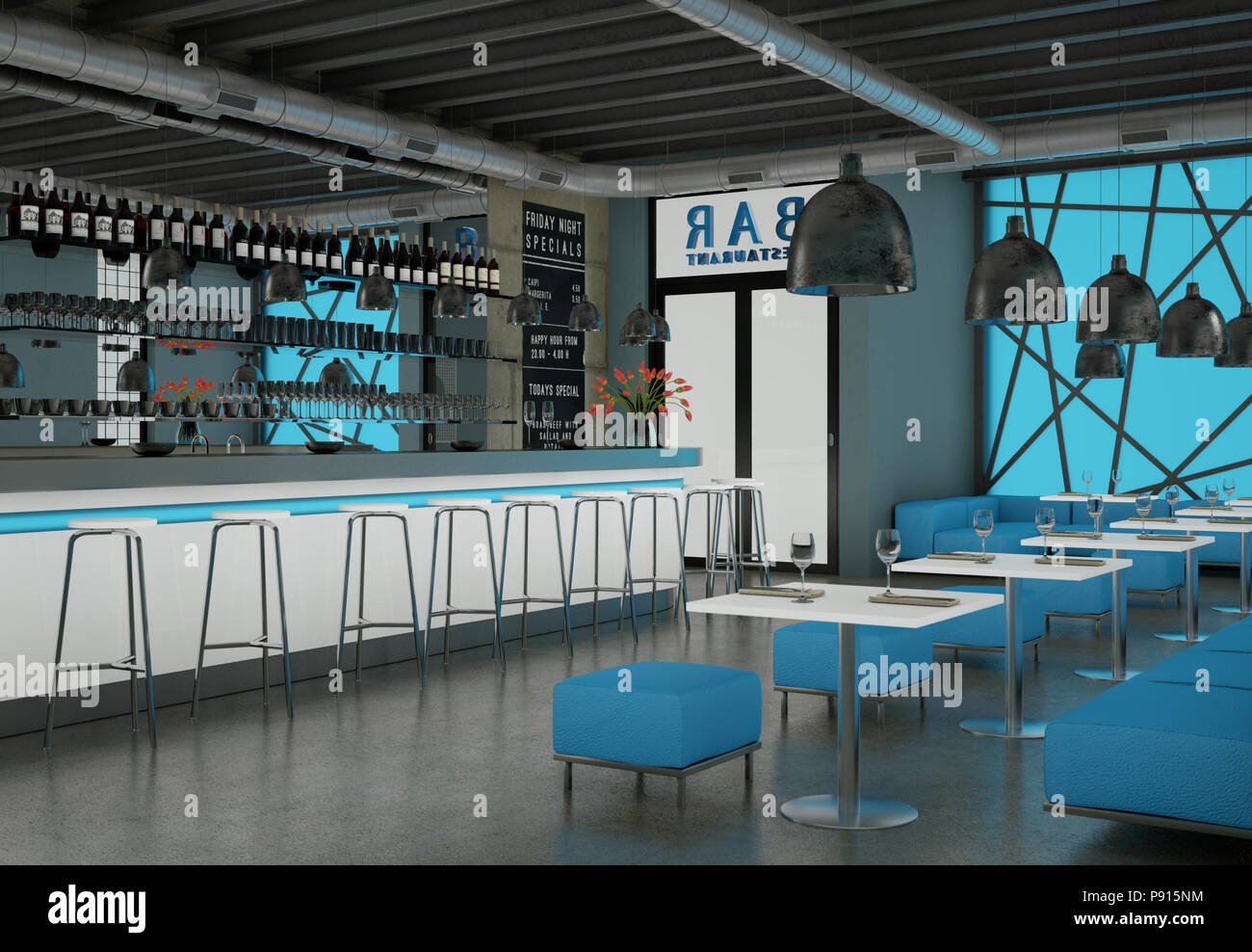 modern blue coffee restaurant indoor with furniture Stock Photo - Alamy
