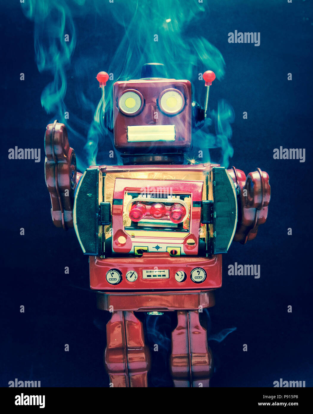 red retro robot smoking mad on a black background Stock Photo - Alamy