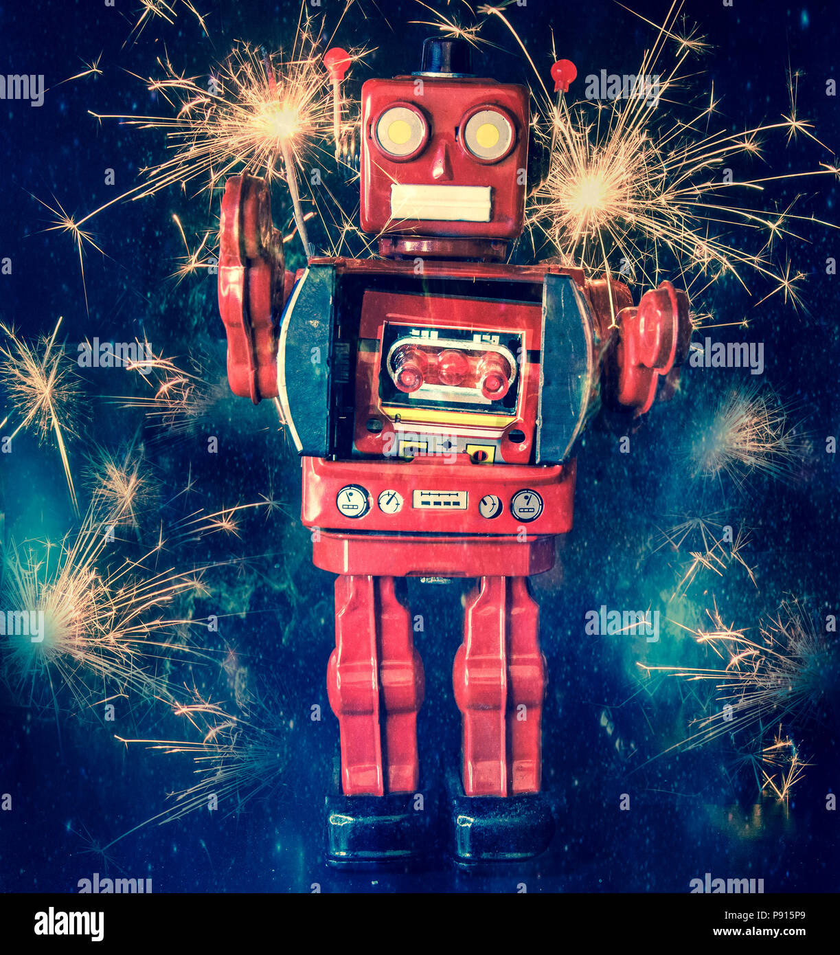 retro big red robot with lots of sparks and fireworks Stock Photo - Alamy
