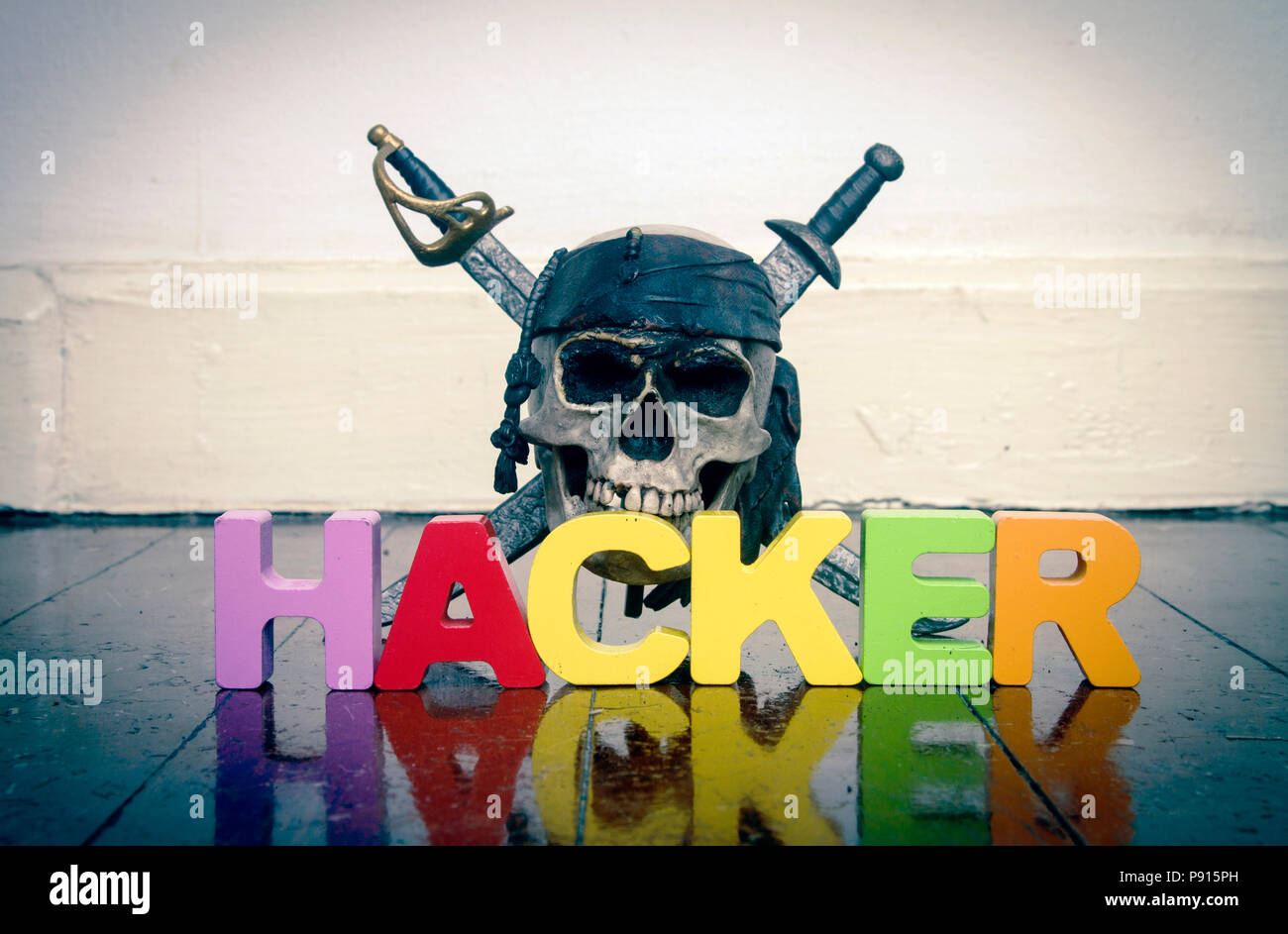 skull and crossbones with the word HACKER on a old wooden floor with ...