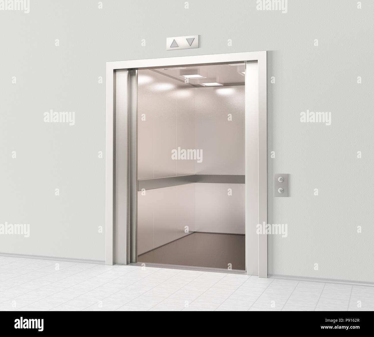 Empty open elevator in office lobby. 3d render Stock Photo - Alamy