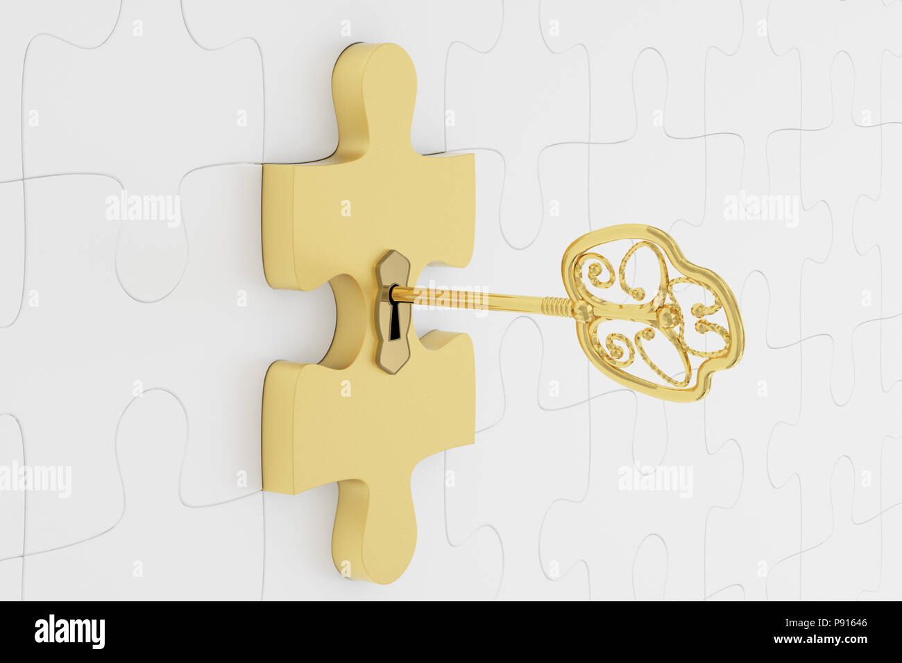 Golden key and puzzle. 3d render Stock Photo - Alamy