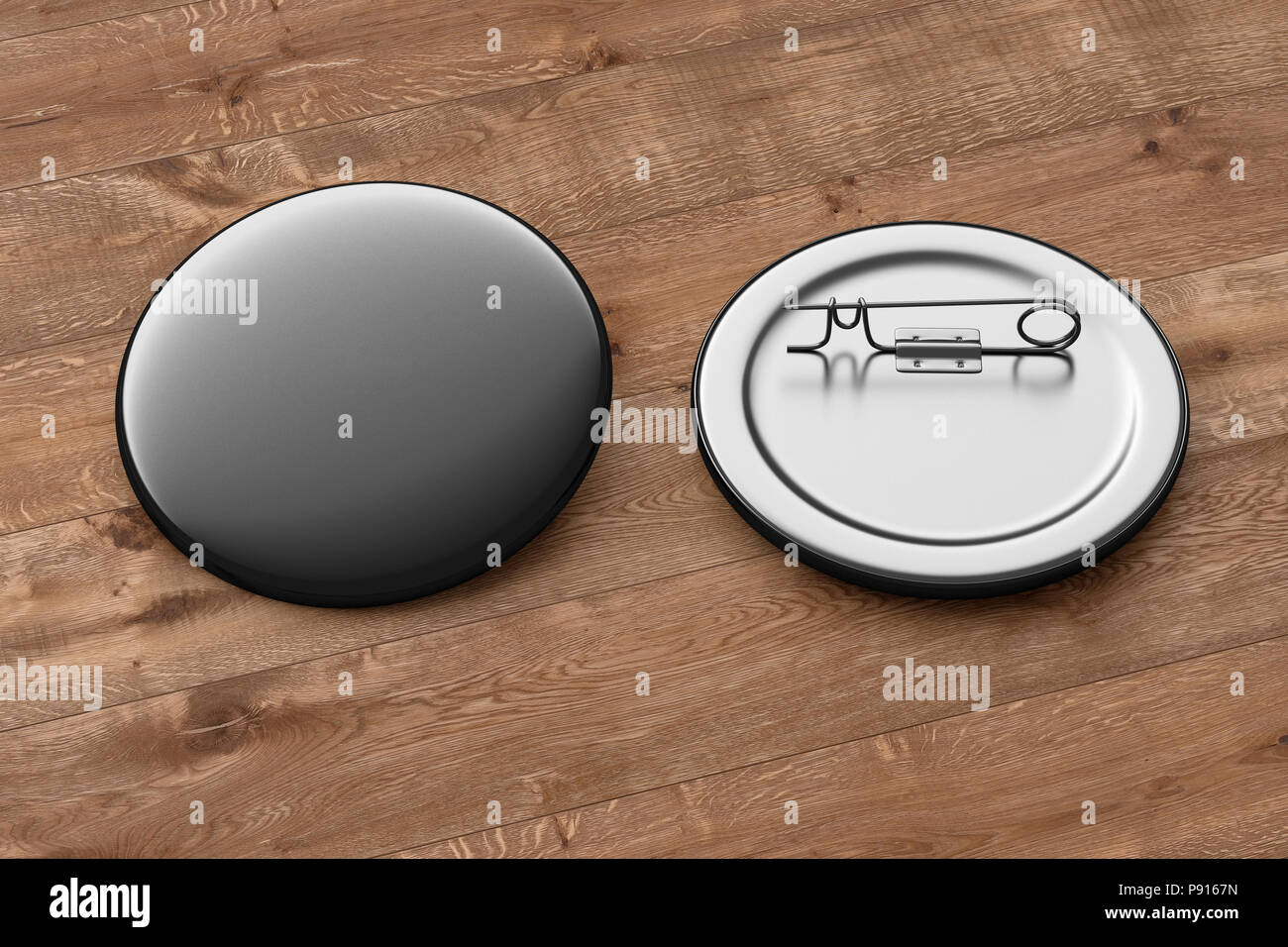 Blank black pin badge brooch isolated on wood background. Include ...