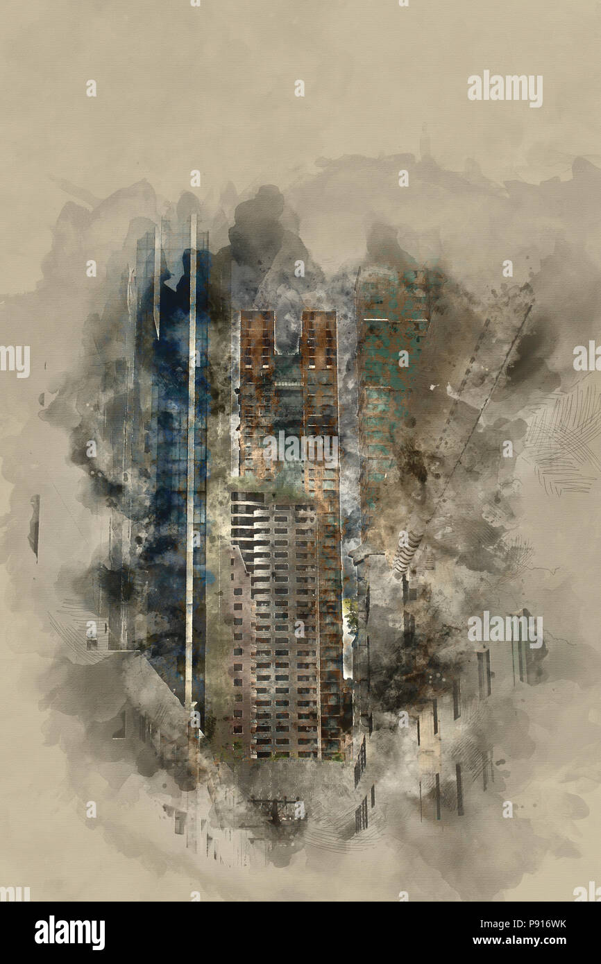 Abstract Building in the city on watercolor painting background. City ...