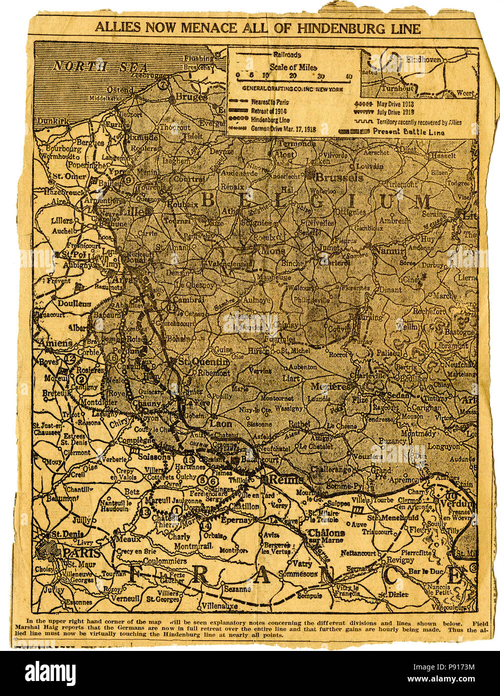 Map from a Newspaper Article, Allies Now Menace All of Hindenburg Line ...