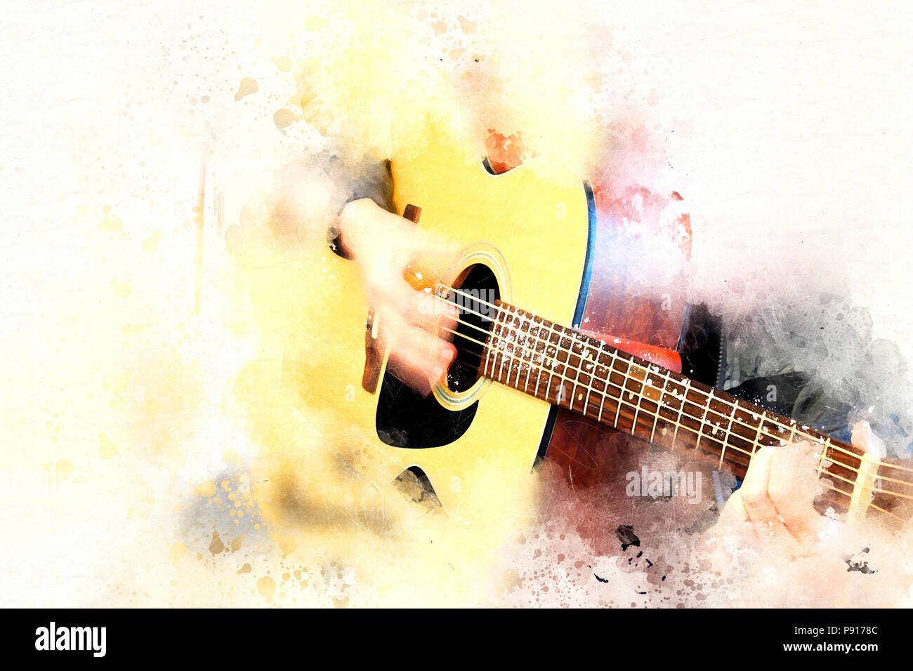 Abstract beautiful playing acoustic Guitar in the foreground on ...