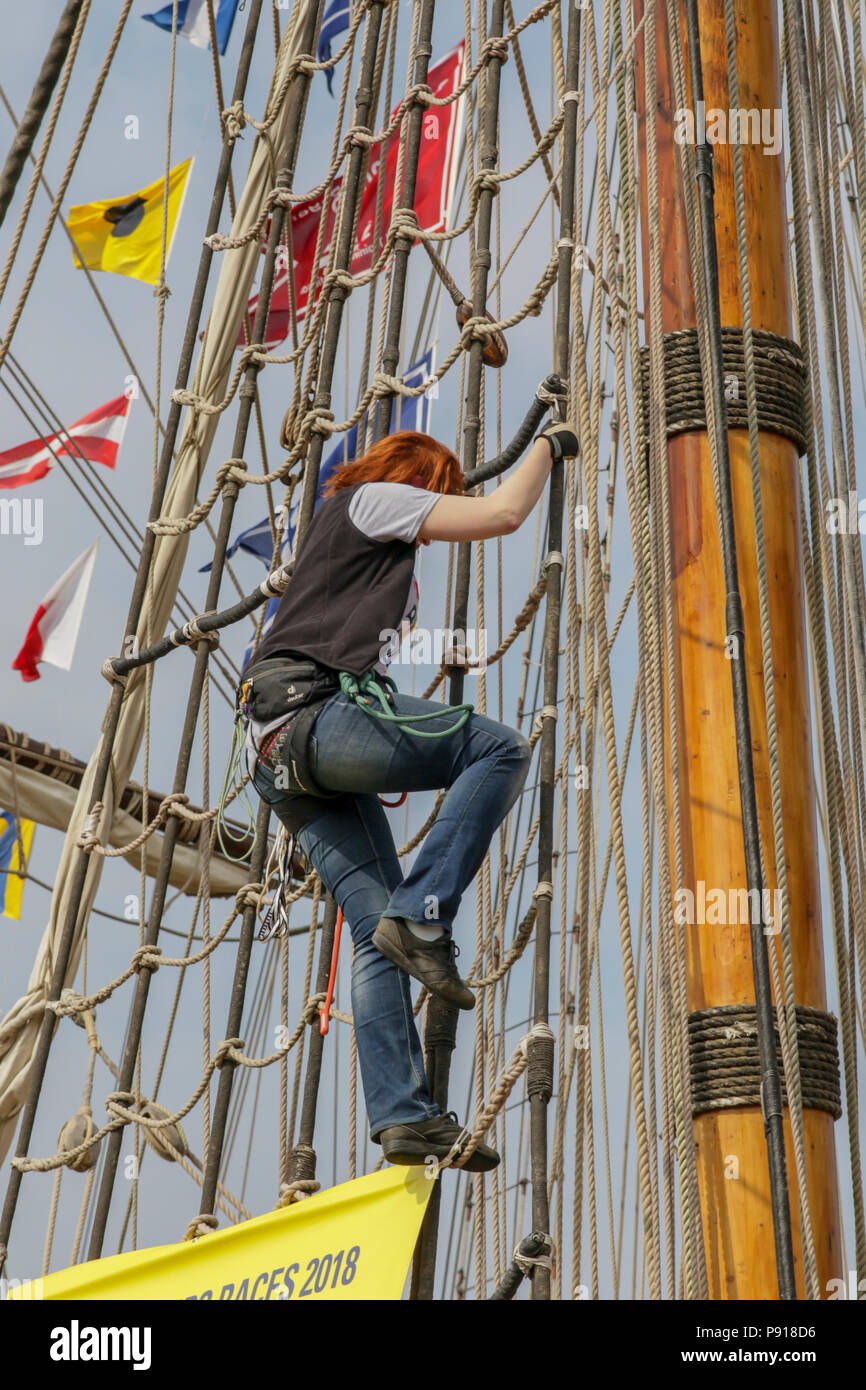 Sunderland, UK, A Crew members climbs the rigging of Russian Ship ...