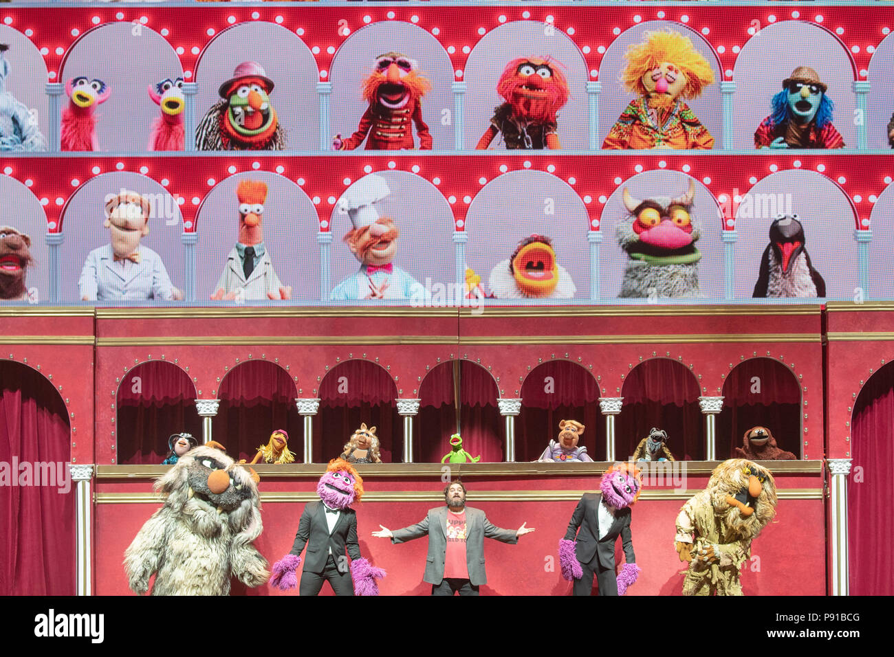 The O2 Arena, UK. 13th July 2018,The opening sequence of The Muppets ...