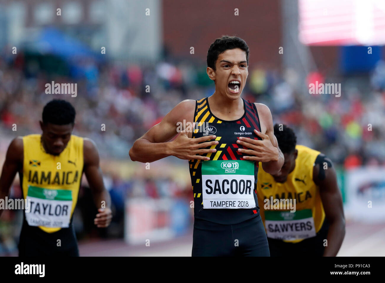 Tampere. 13th July, 2018. Jonathan Sacoor (C) of Belgium celebrates ...