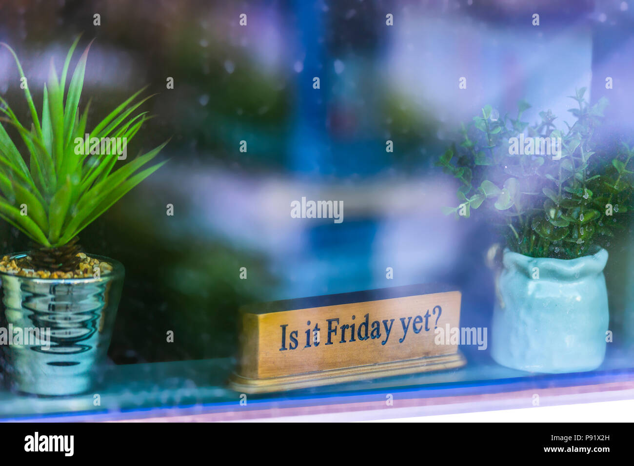 Is it friday yet sign in window Stock Photo - Alamy