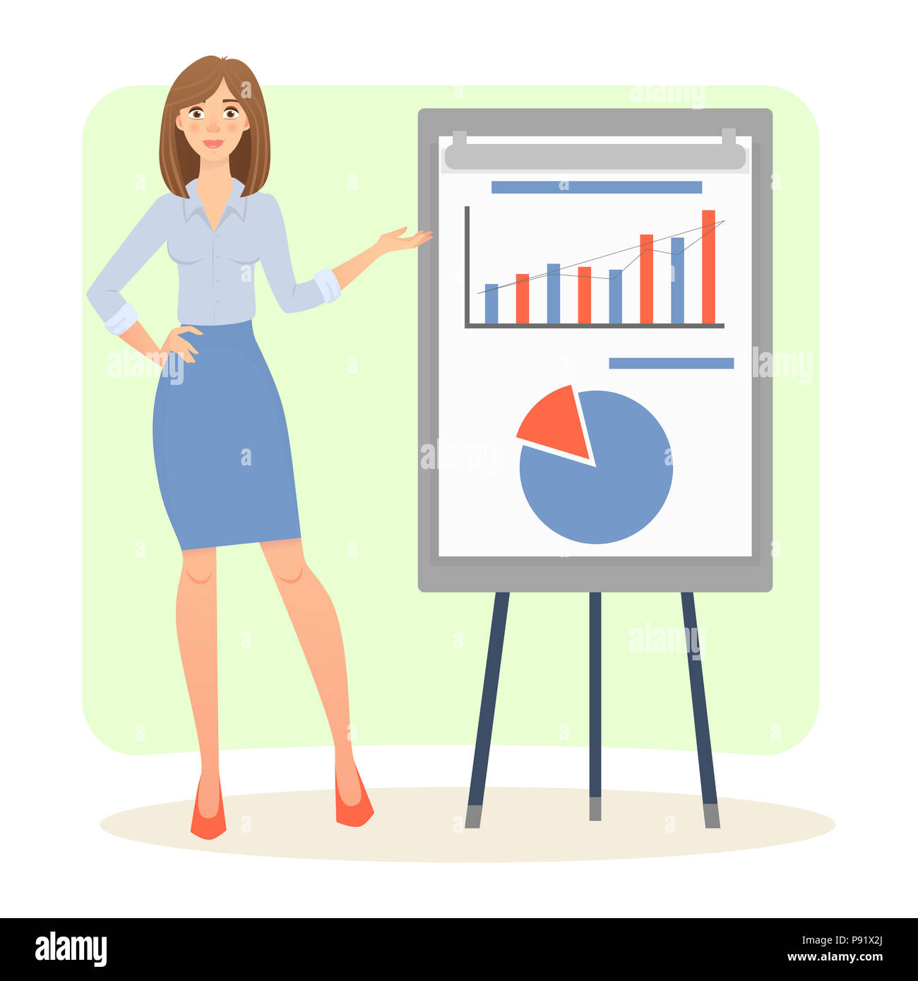 Young women with chart and graphics on the flip chart. Business women ...