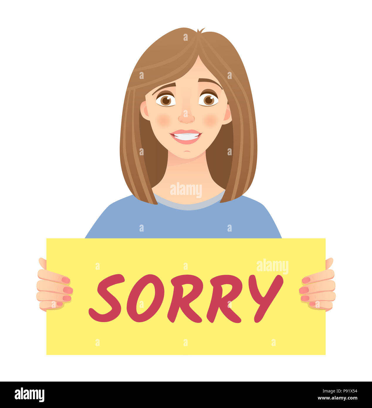 Woman holding sorry sign. I am sorry message on white background ...