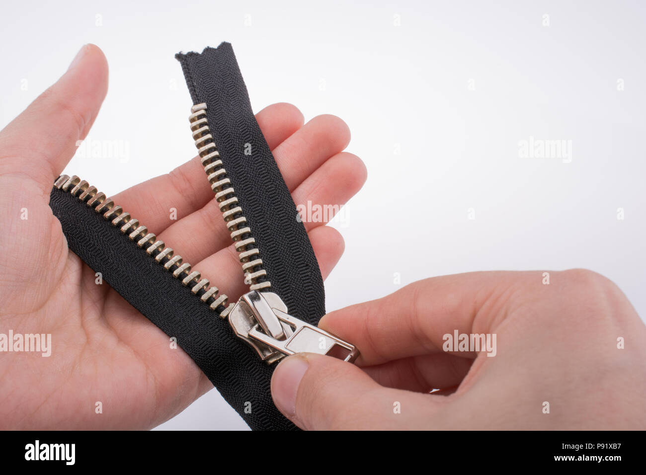 Hand holding color zipper on a white background Stock Photo - Alamy