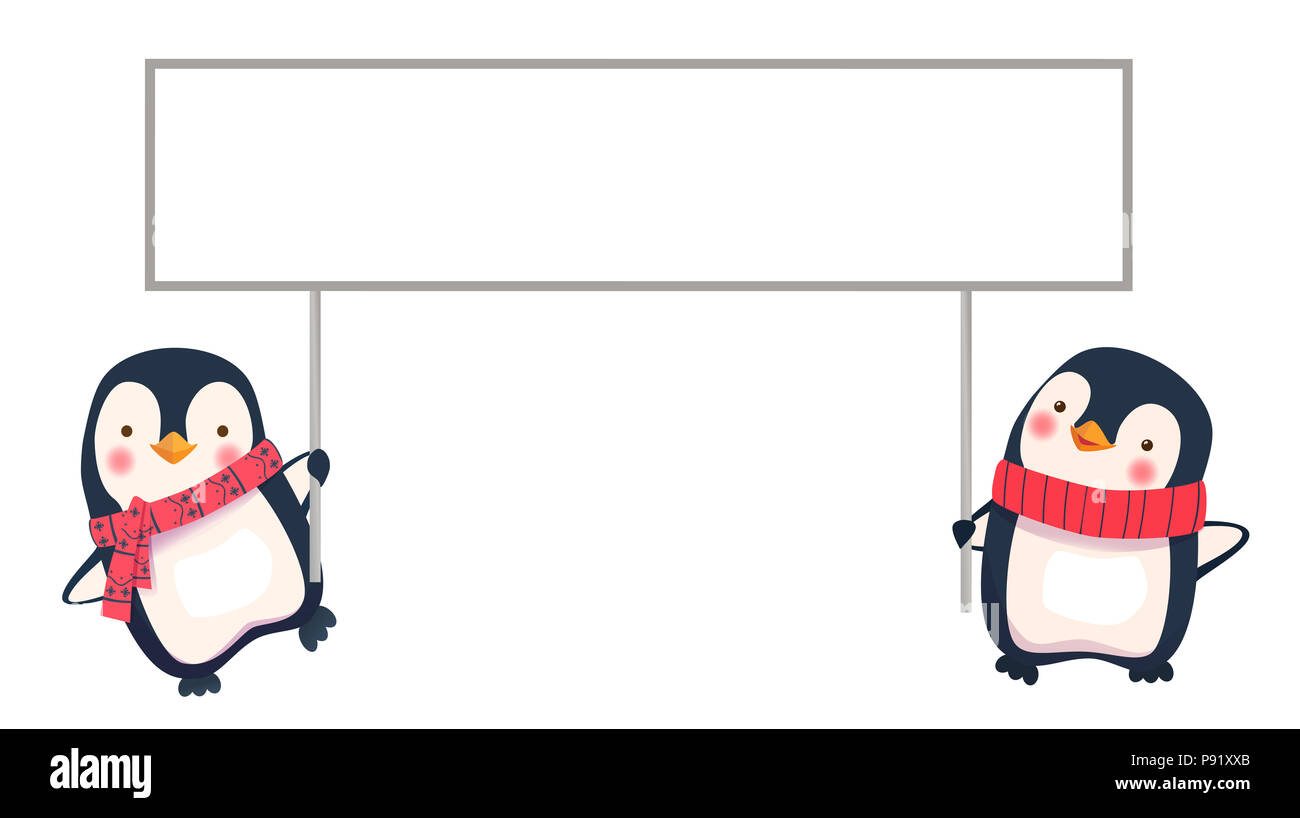 Penguin cartoon illustration. Two penguins holding banner Stock Photo ...