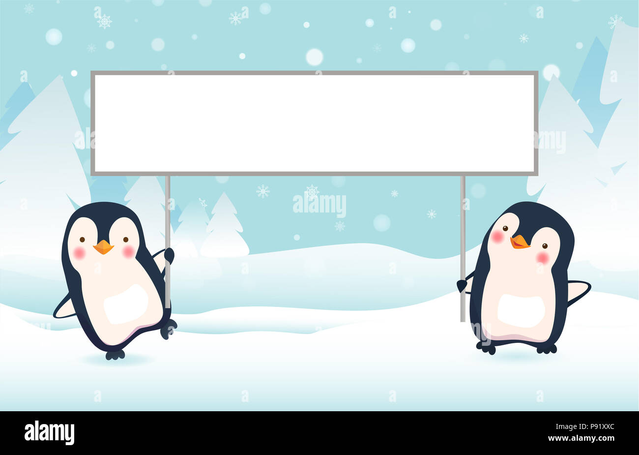 Penguin cartoon illustration. Two penguins holding banner Stock Photo ...