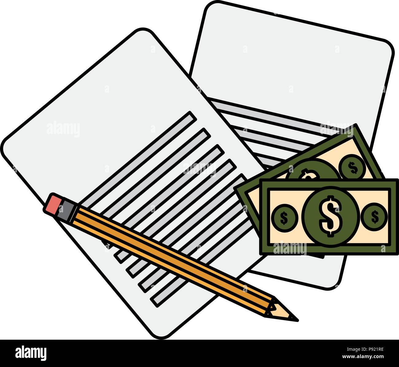 documents with bills dollars and pencil vector illustration design ...