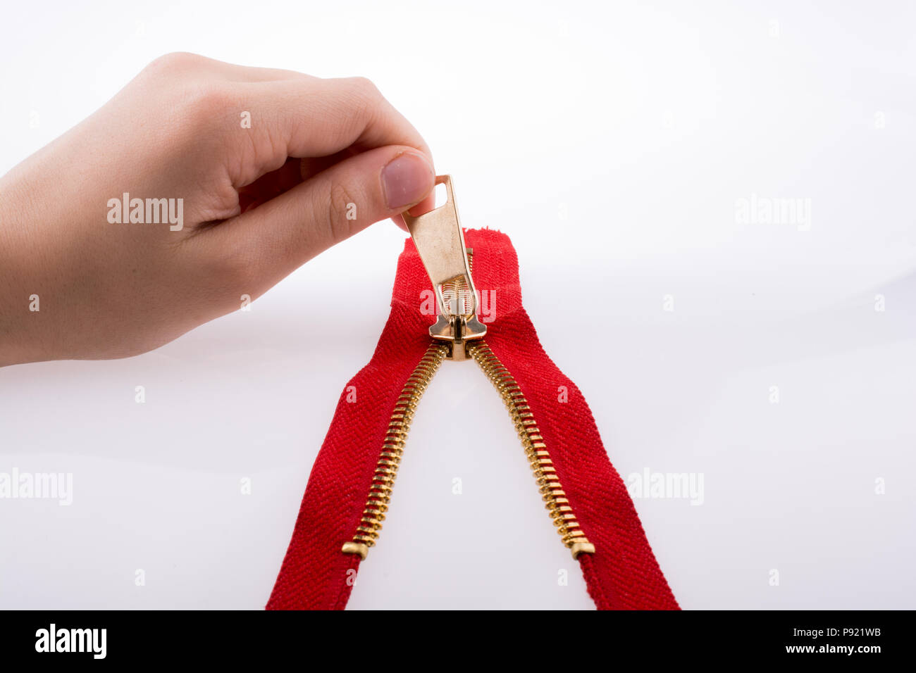 Hand holding color zipper on a white background Stock Photo - Alamy