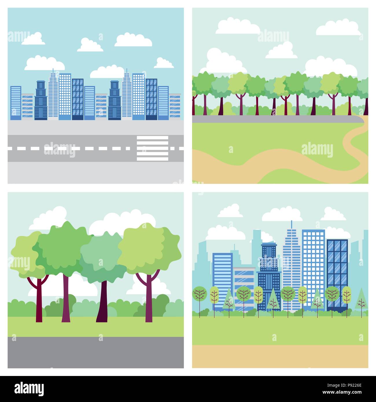 park and city banners trees games buildings street vector illustration ...