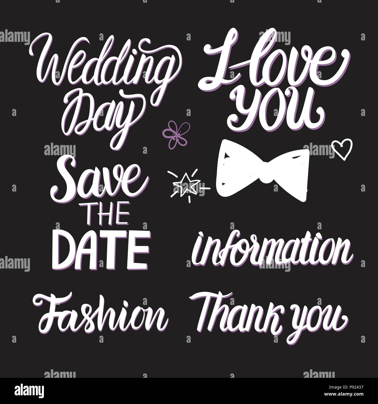 Vector Wedding Day design. Set white inscription lettering calligraphy ...