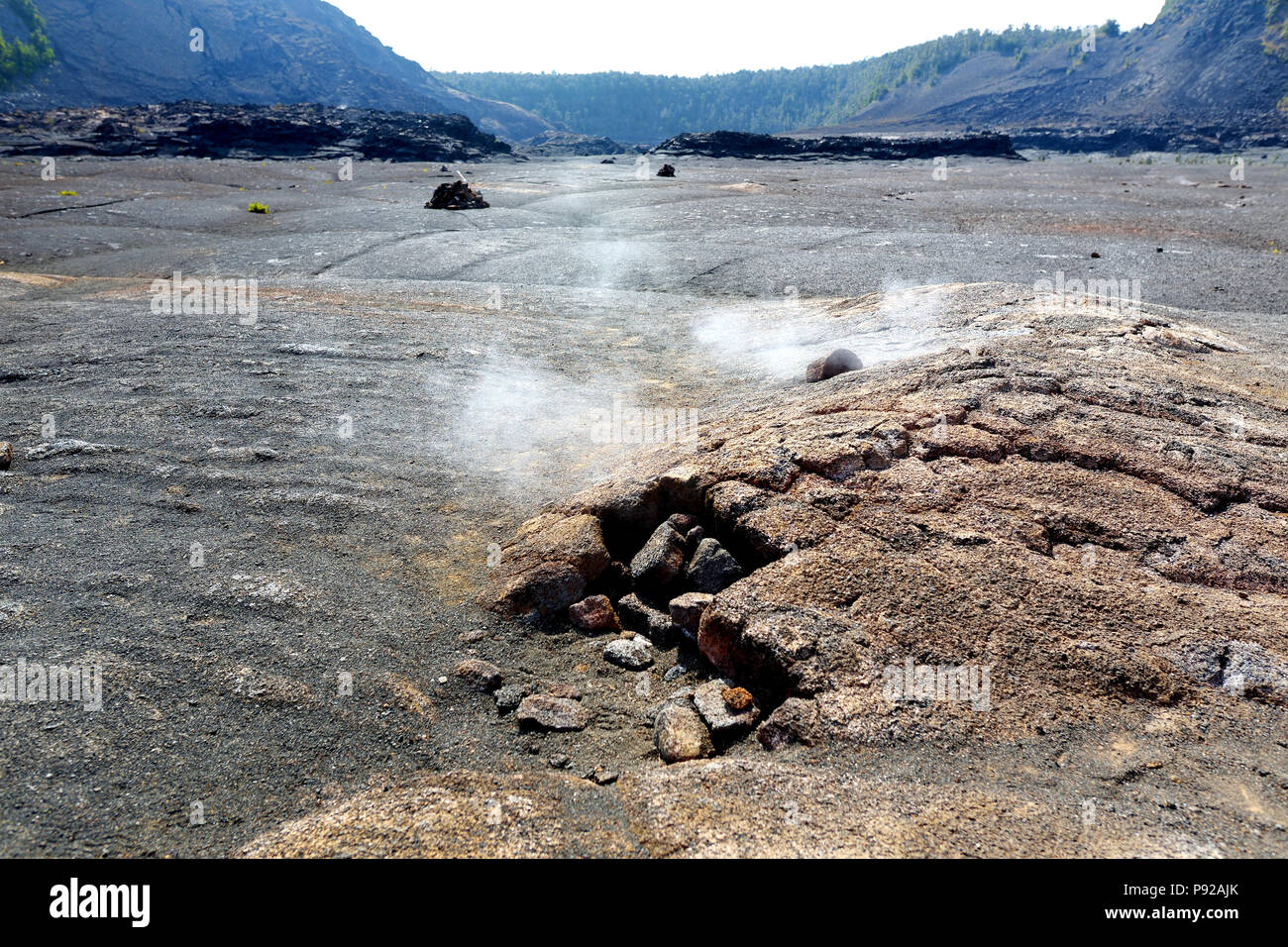Steaming vents on the Kilauea Iki volcano crater surface with crumbling ...