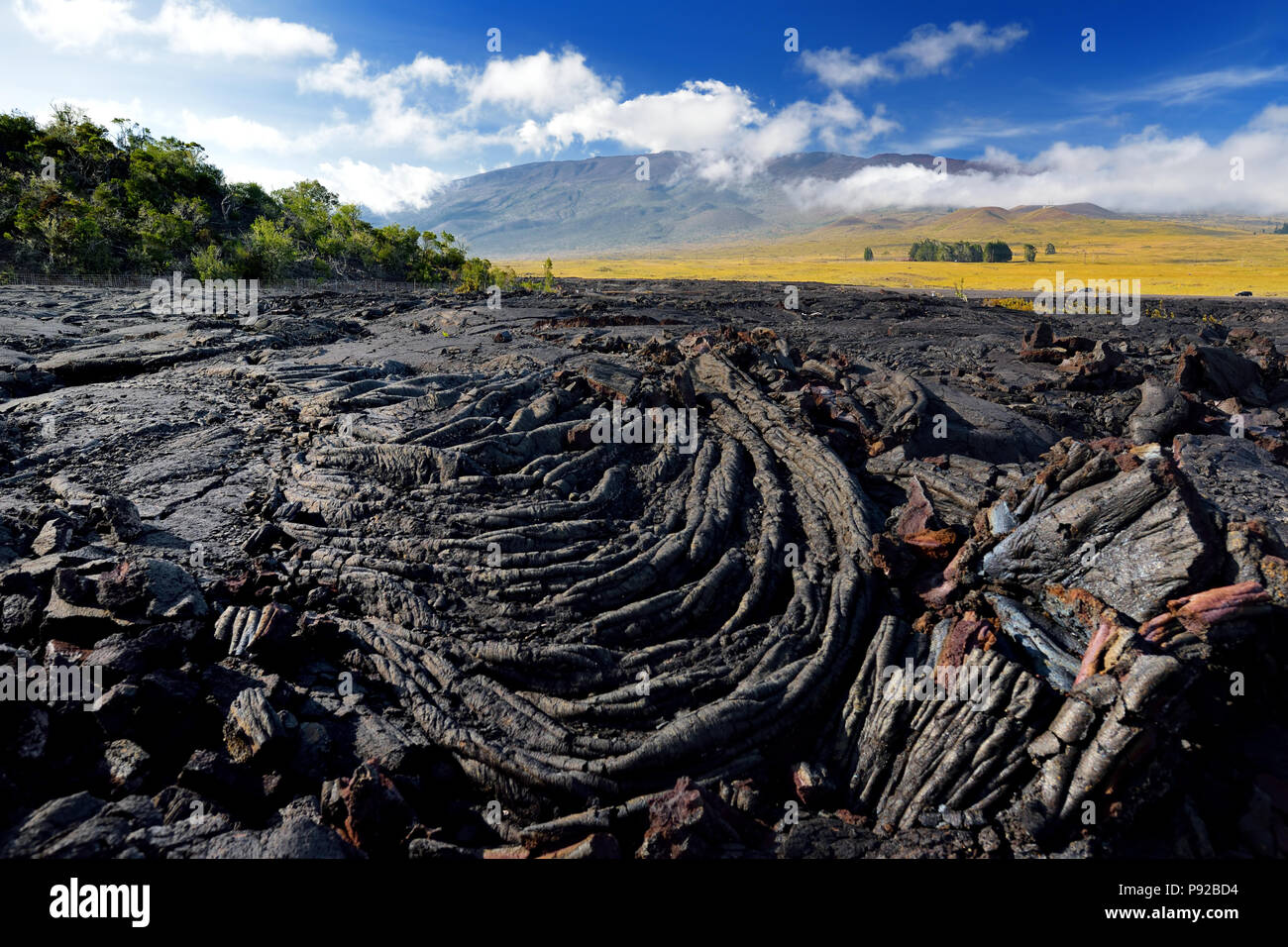 Rough surface of frozen lava after Mauna Loa volcano eruption on Big ...