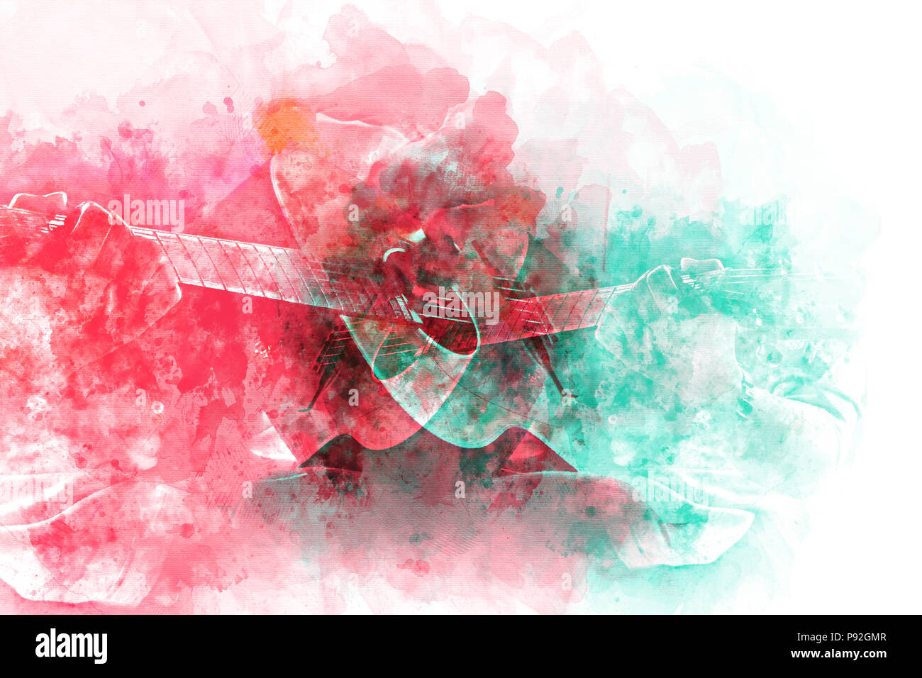 Abstract beautiful man playing Guitar in the foreground on Watercolor ...