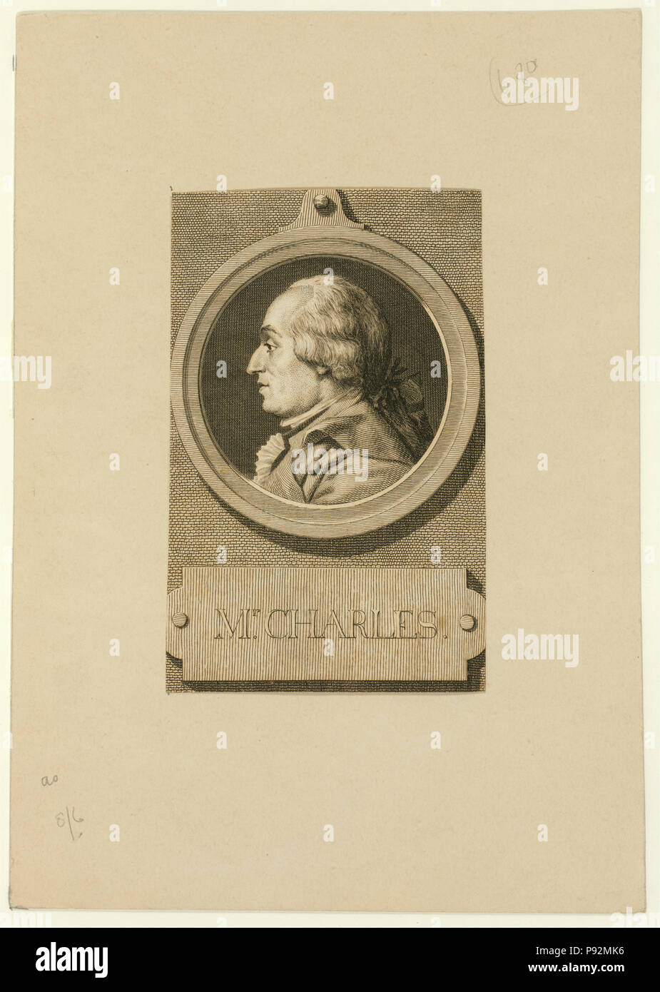 Head-and-shoulders profile portrait of French balloonist J.A.C. Charles ...