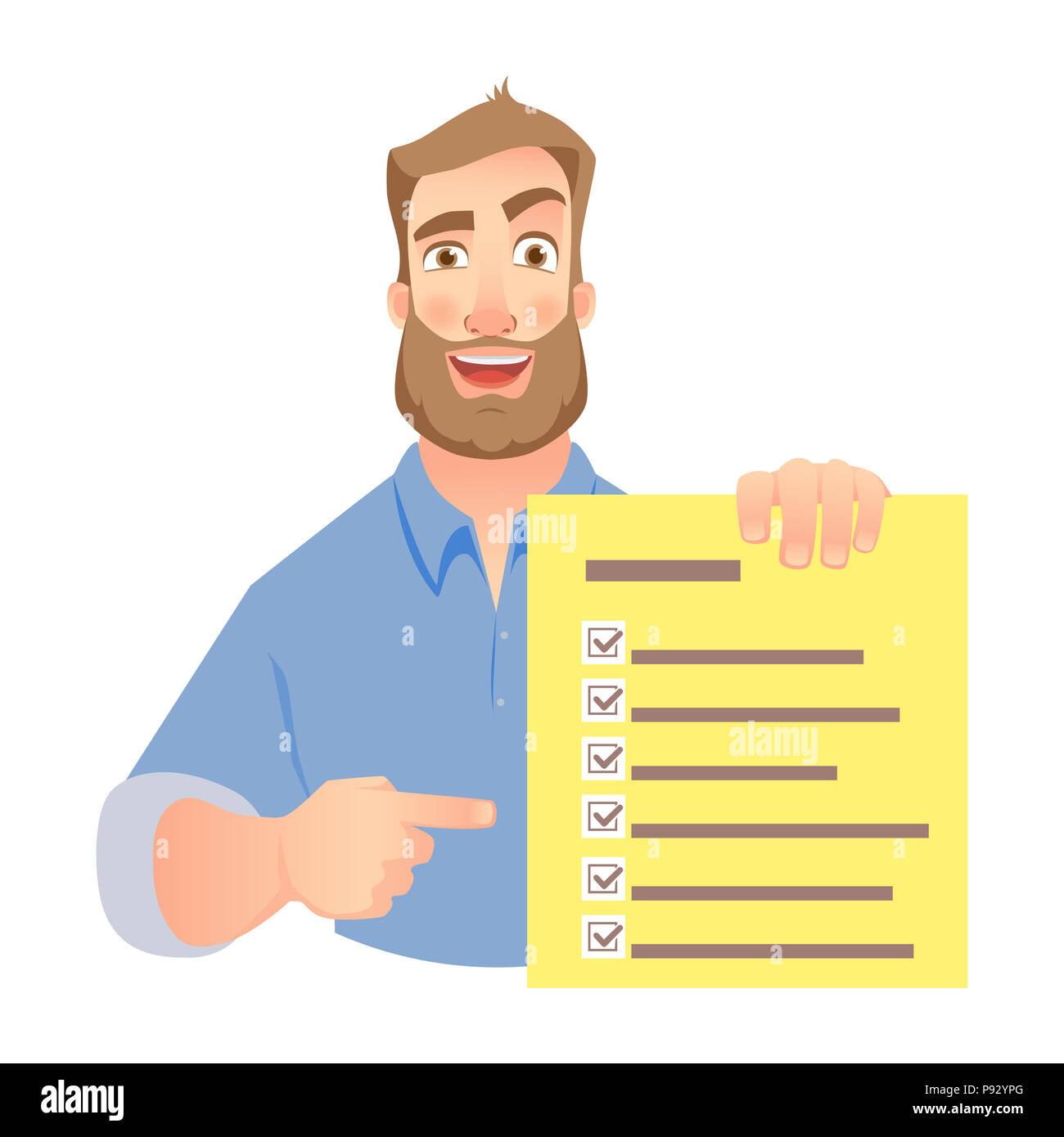 Man holding checklist. Businessman points to check list. illustration ...