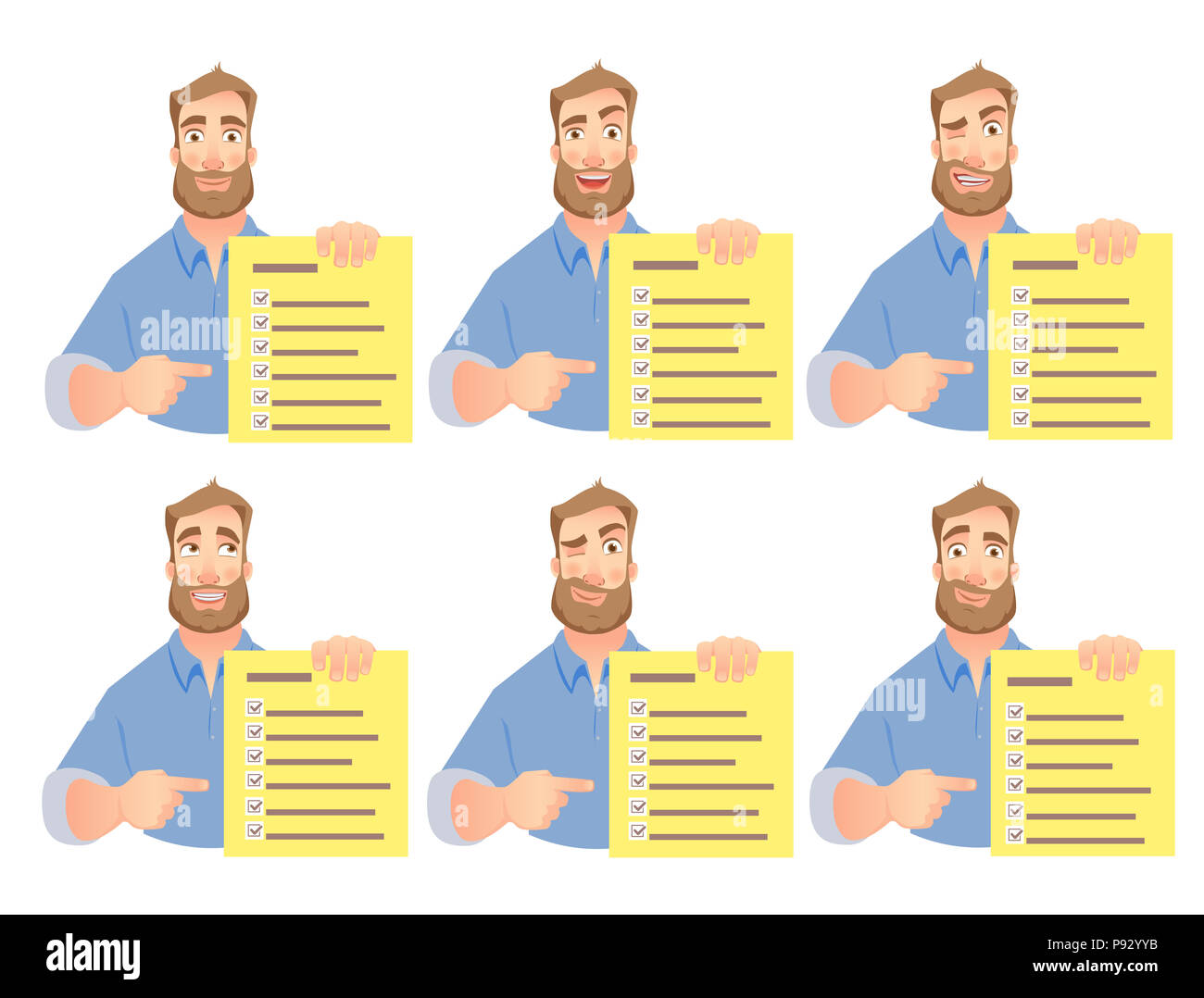 Man holding checklist. Businessman points to check list. illustration ...