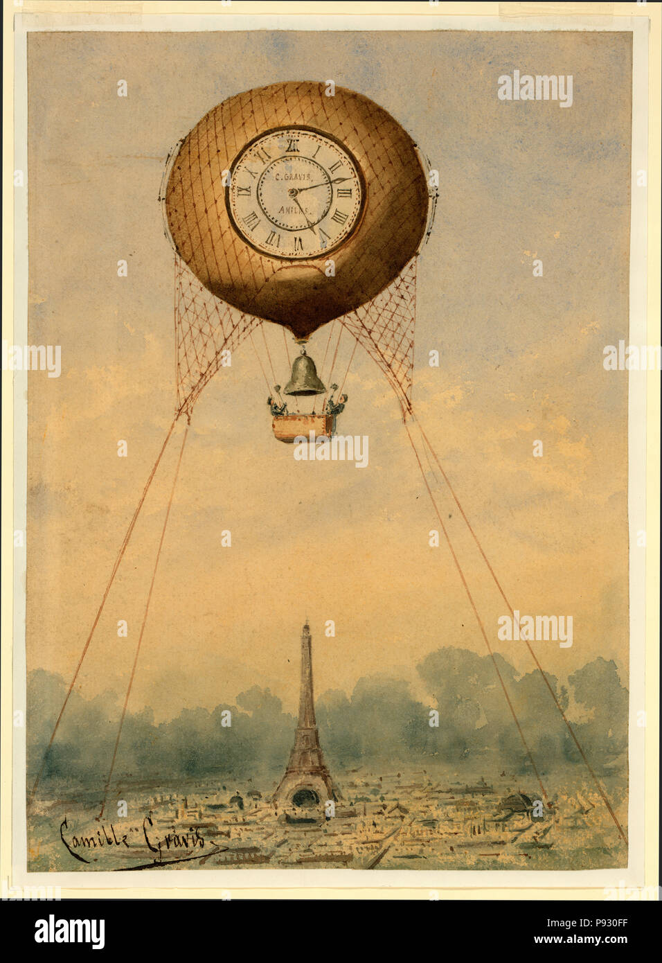 Captive balloon with clock face and bell, floating above the Eiffel ...