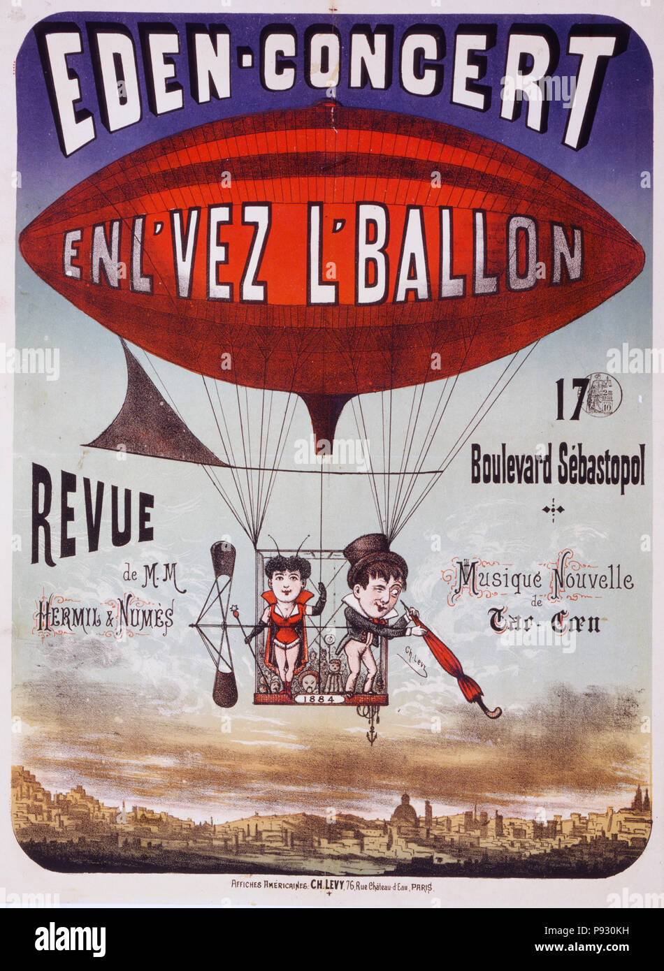 French circus poster shows two performers in the basket of an airship ...