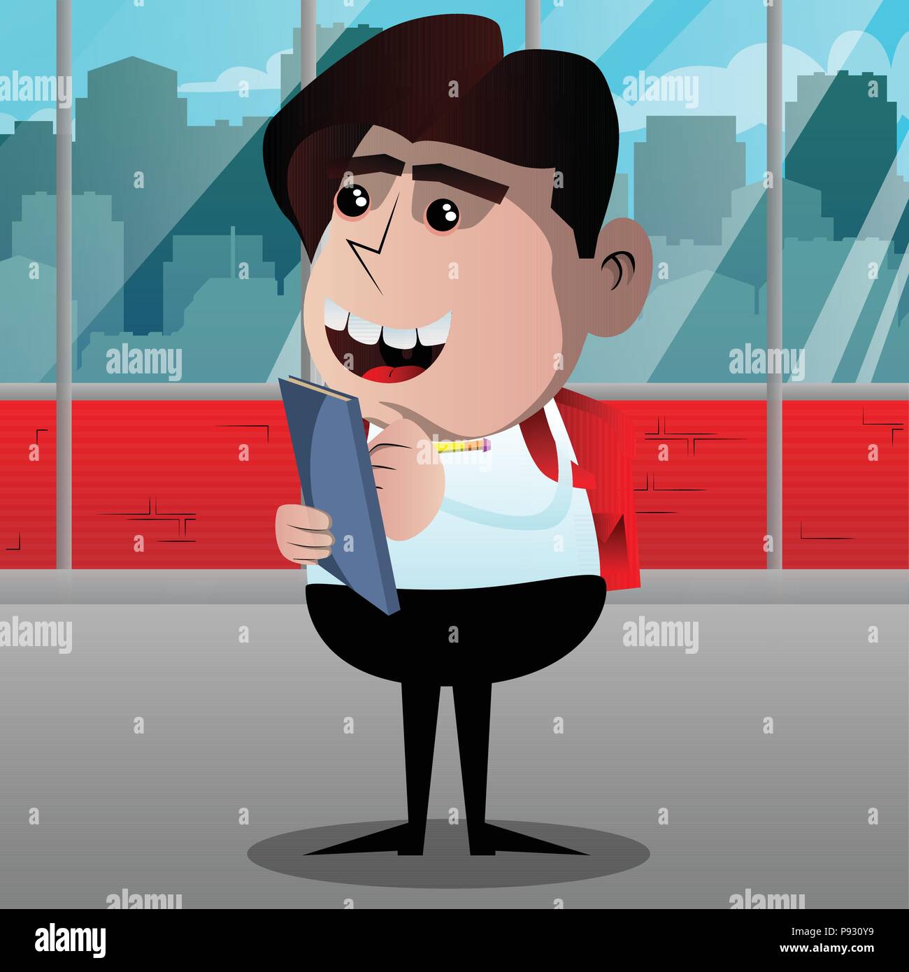 Schoolboy writing on a books cover. Vector cartoon character ...