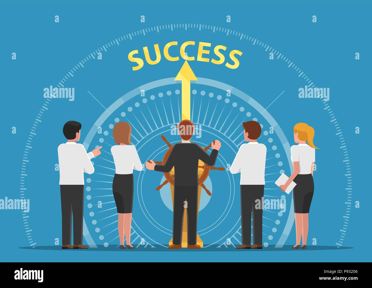 Businessman control ship steering wheel and bring team to success ...
