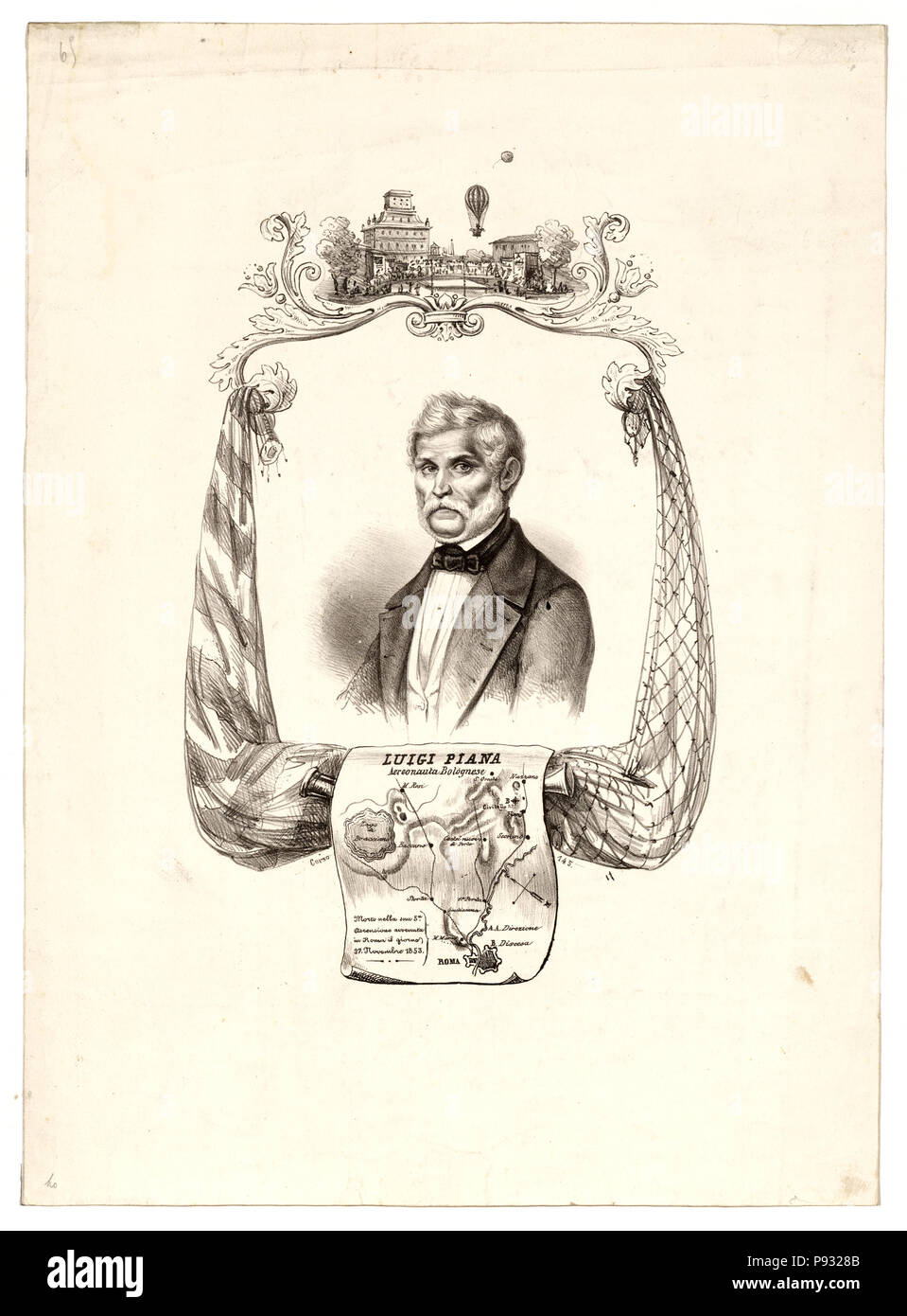 portrait of Italian balloonist Luigi Piana. Includes a map of his ...